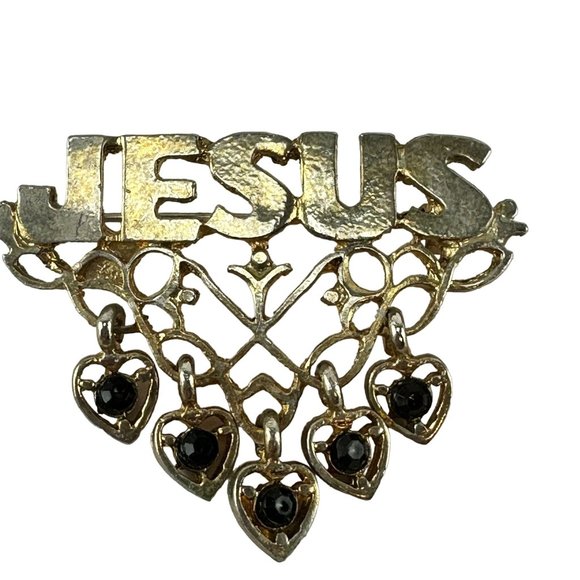 Jewelry | Vintage Jesus Brooch With Dangle Hearts Gold Tone | Poshmark
